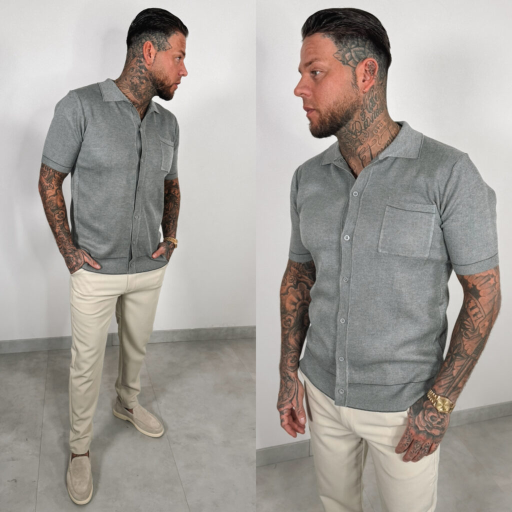 KNITTED BUTTON POLO - grey - Manilo
