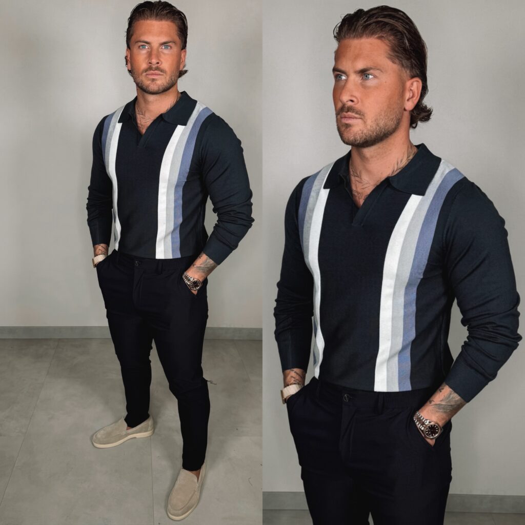 Striped Longsleeve Polo - Blue - Manilo